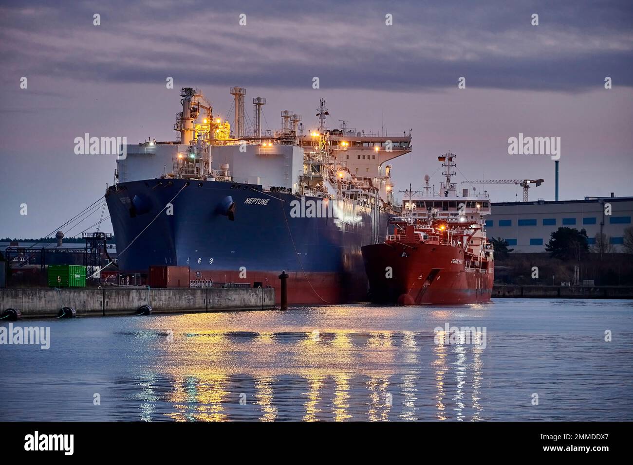 Lubmin, Germany - 01 28 2023: First LNG terminal with LNG tanker ...
