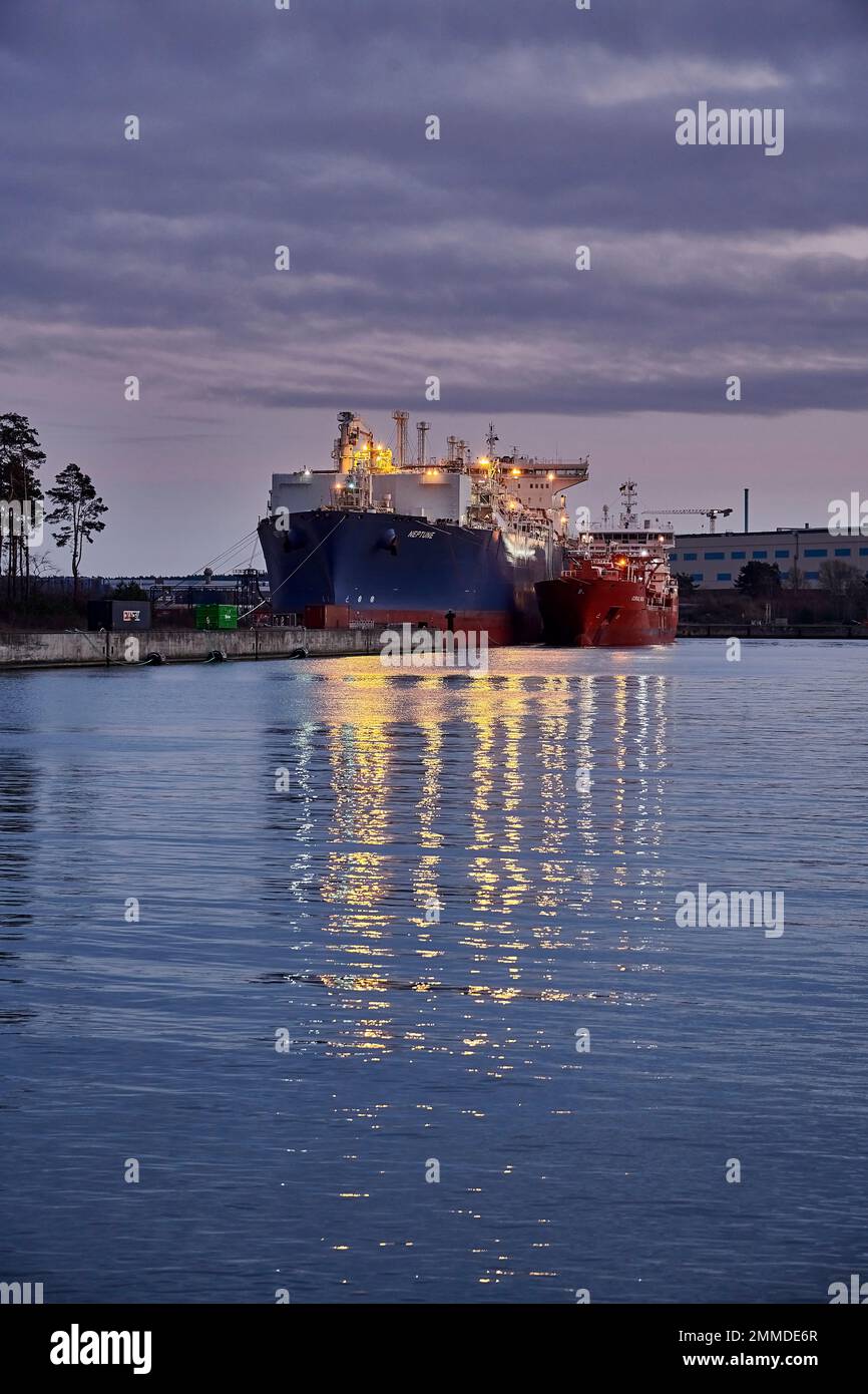 Lubmin, Germany - 01 28 2023: First LNG terminal with LNG tanker ... Lubmin, Germany - 01 28 2023: First LNG terminal with LNG tanker ...