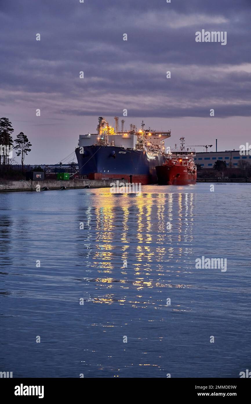 Lubmin, Germany - 01 28 2023: First LNG terminal with LNG tanker ...
