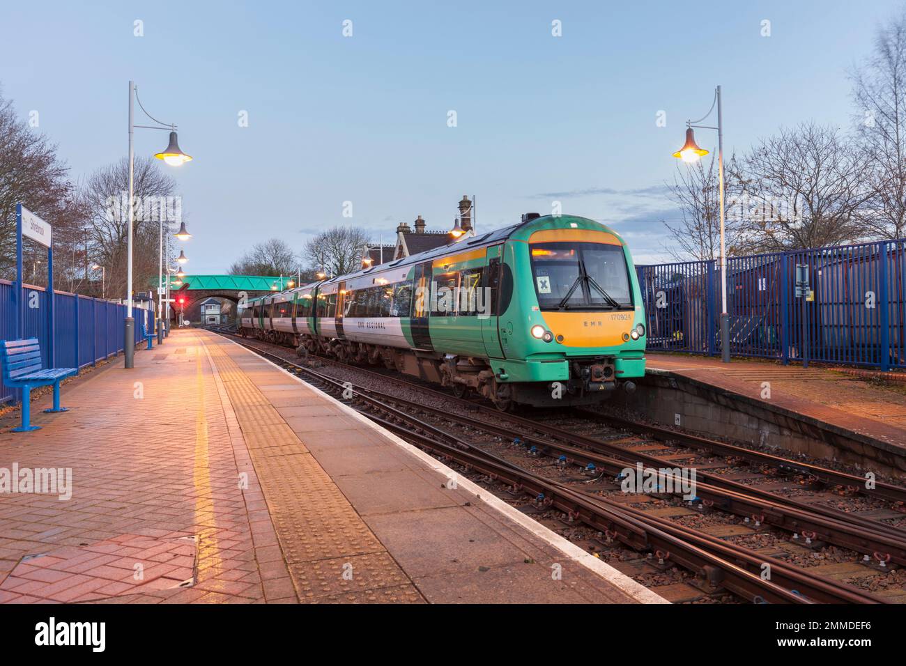 East Midlands Railway class 170 Turbostar train 170924 at Shirebrook railway station on the ...