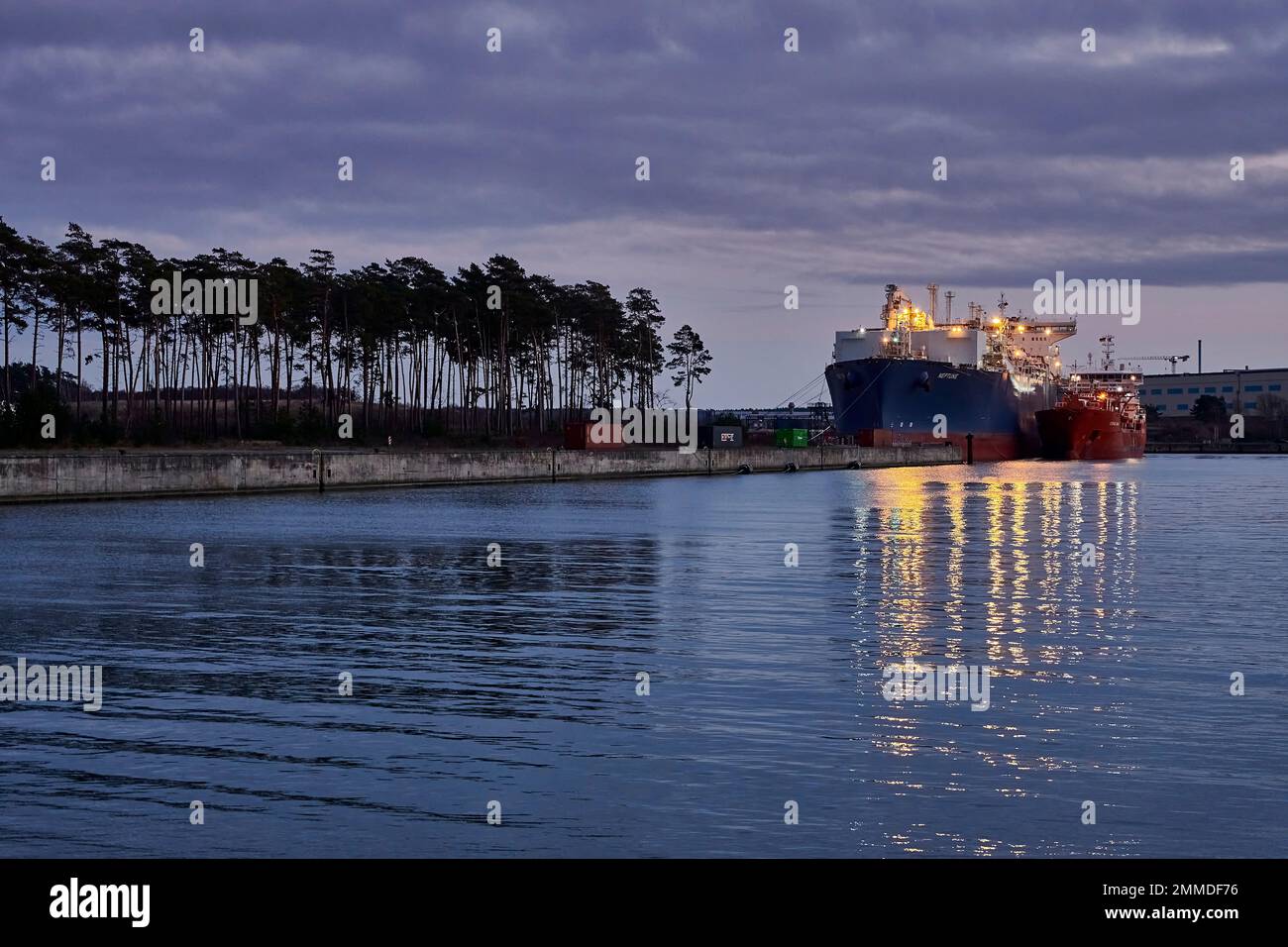 Lubmin, Germany - 01 28 2023: First LNG terminal with LNG tanker ...
