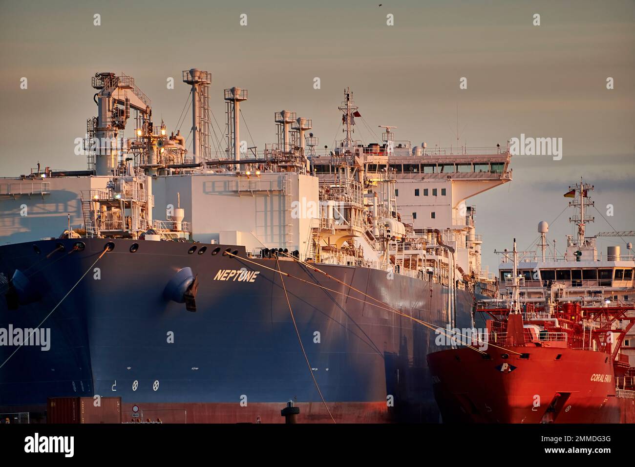 Lubmin, Germany - 01 28 2023: First LNG terminal with LNG tanker ...