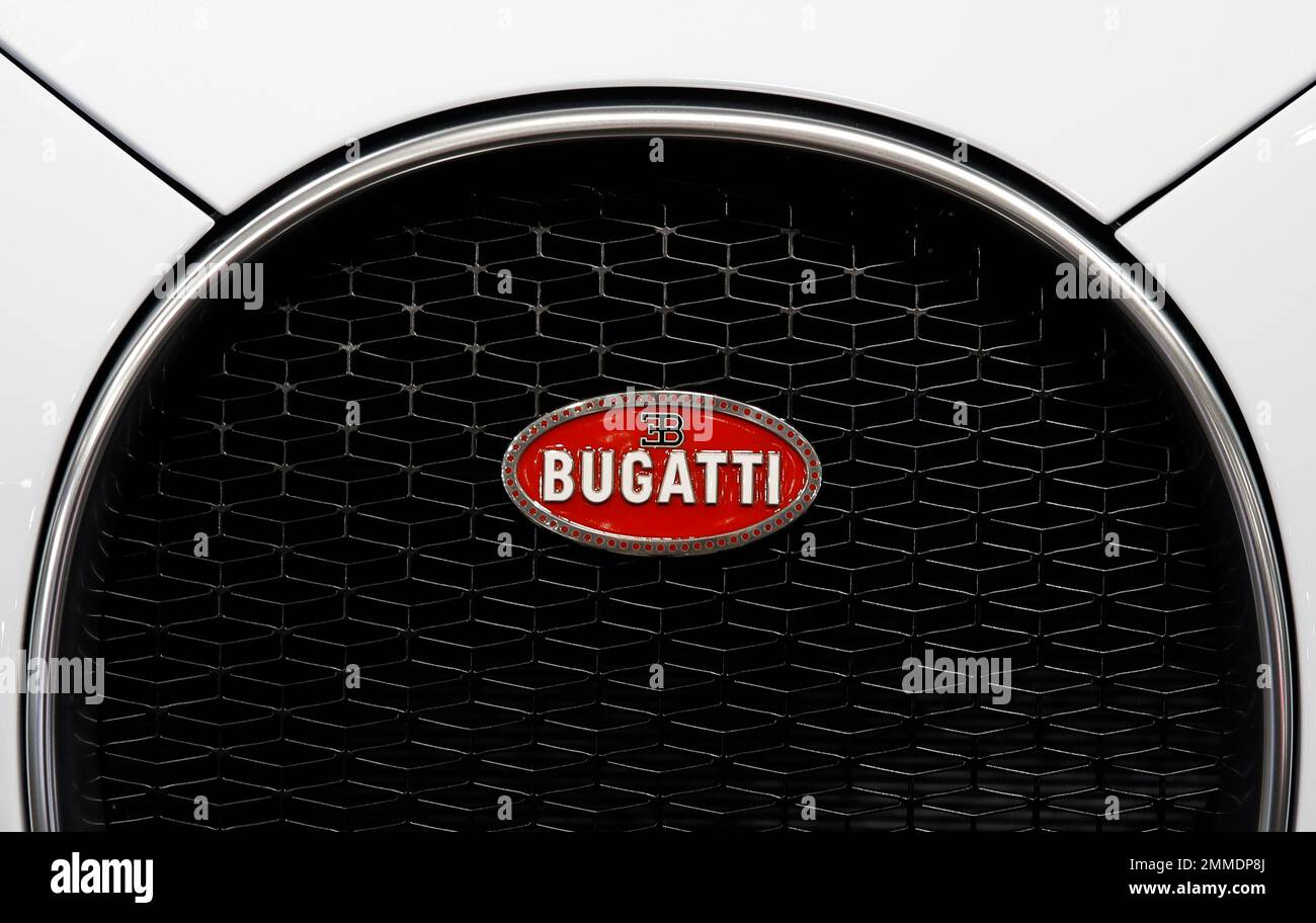 The front grille emblem of a Bugatti Chiron is pictured at the Auto ...