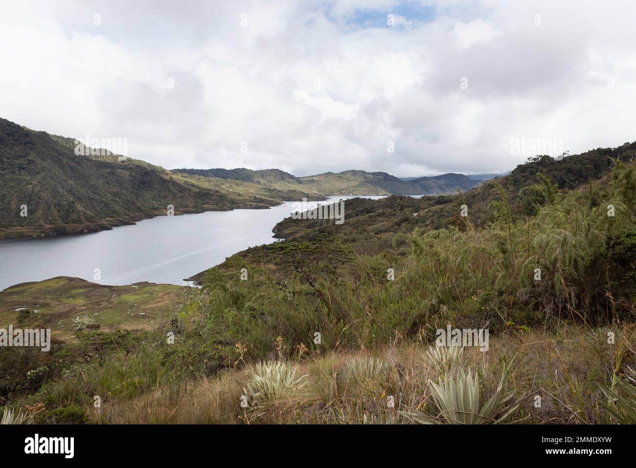Colombian paramo landscape with chuza lake reservoir and paramo ...