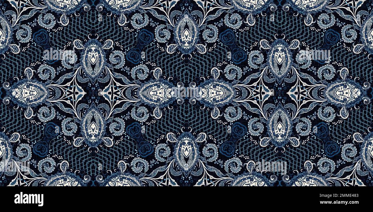 Retro indigo floral bandana 2 tone patterned fabric border background ...