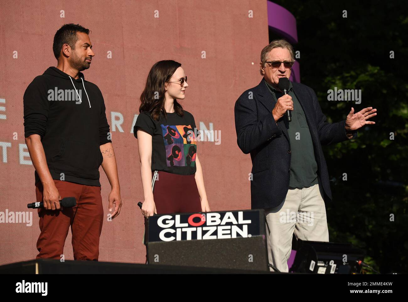 Actors Kal Penn, left, Rachel Brosnahan and Robert De Niro address the ...
