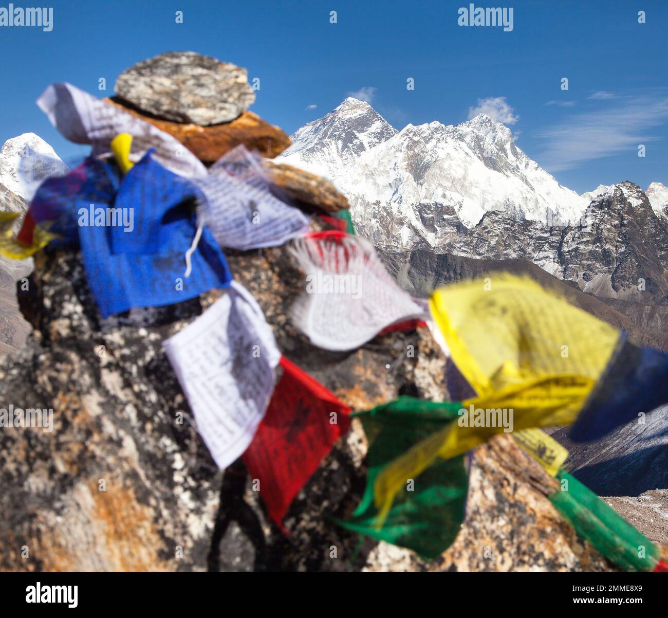 view of Mount Everest and Lhotse with buddhist prayer flags, Mount ...