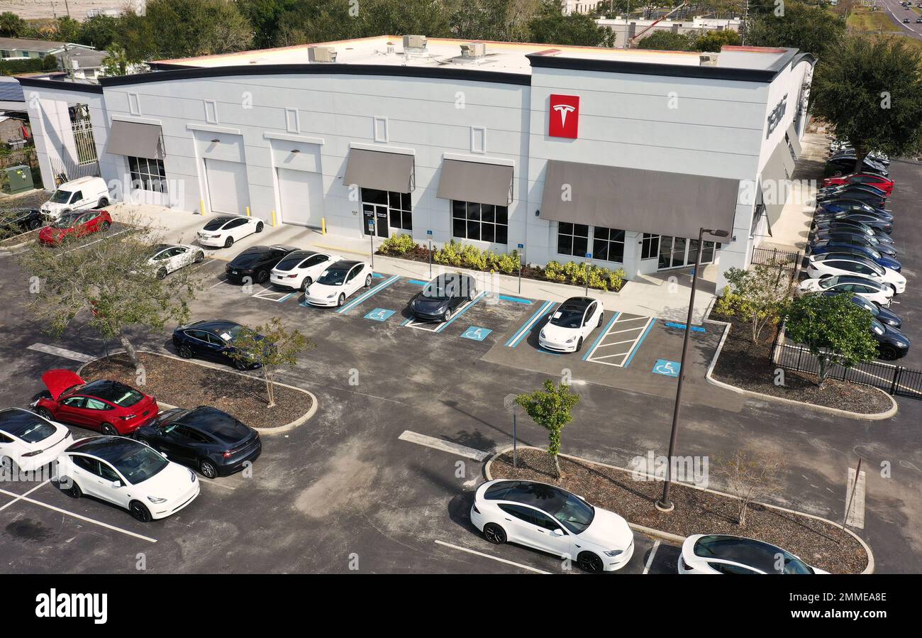EDITOR'S NOTE: Image taken by a drone) A Tesla collision center is seen ...