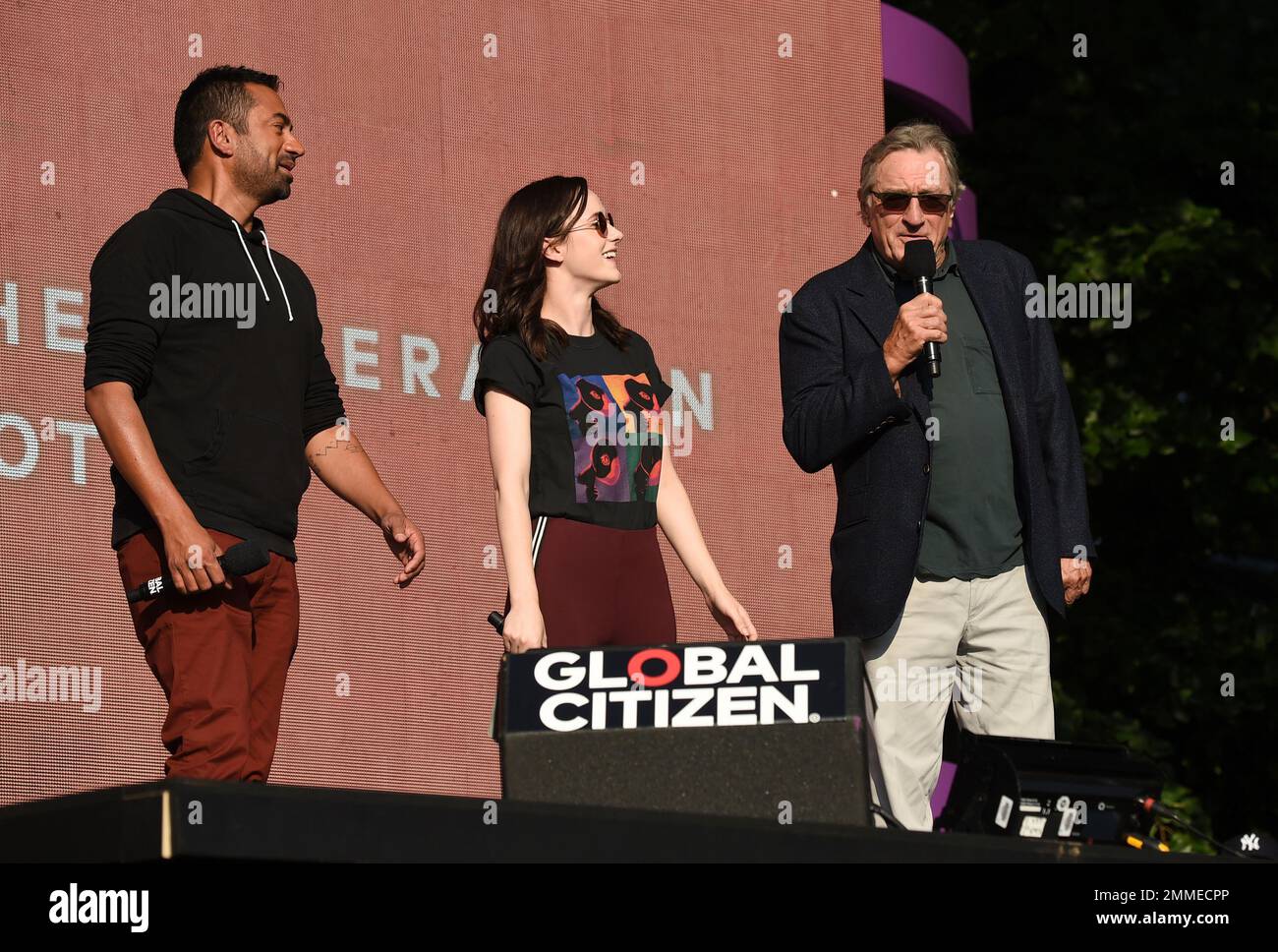 Actors Kal Penn, left, Rachel Brosnahan and Robert De Niro address the ...