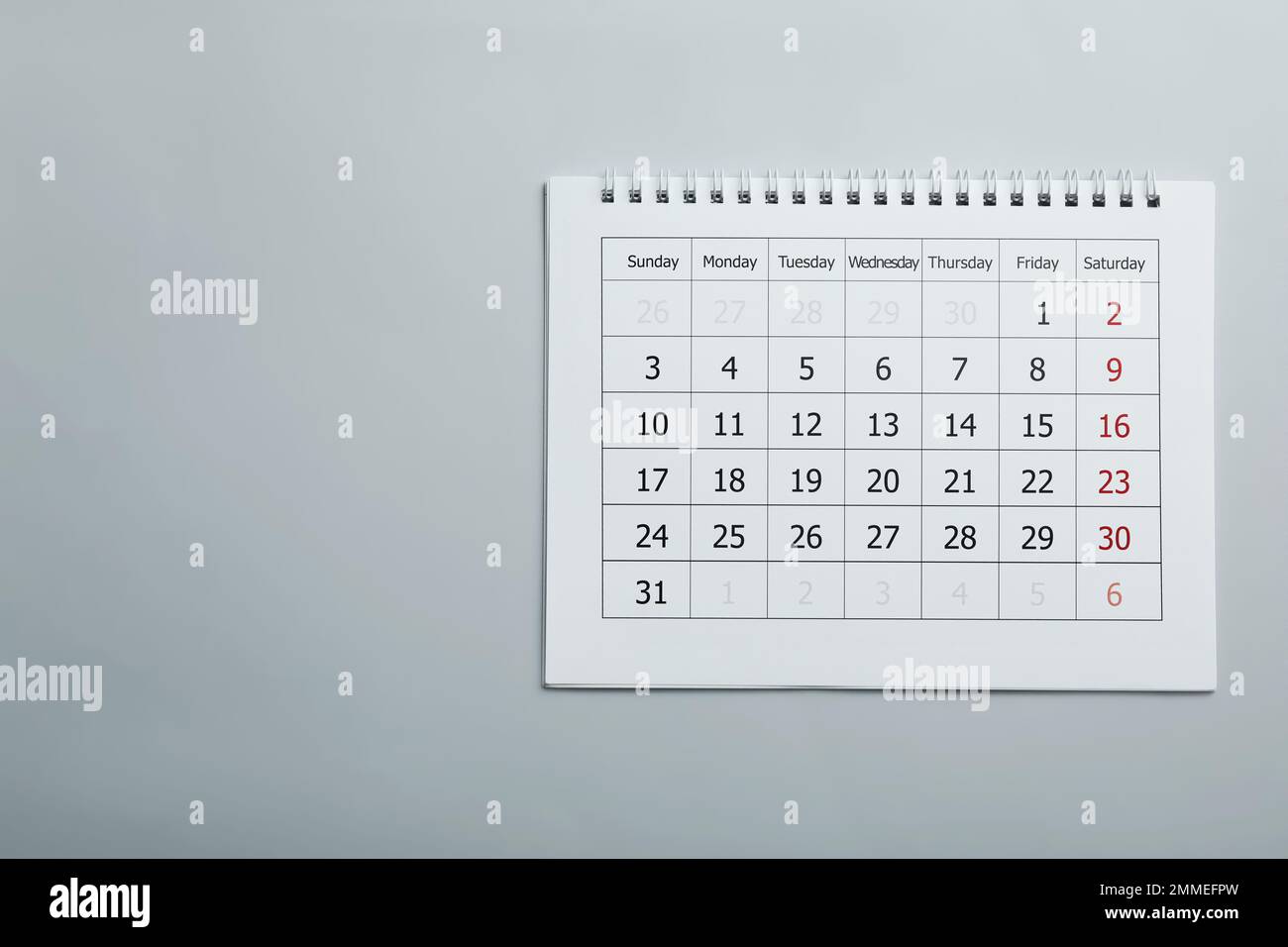 Paper calendar on light grey background, top view. Space for text Stock ...