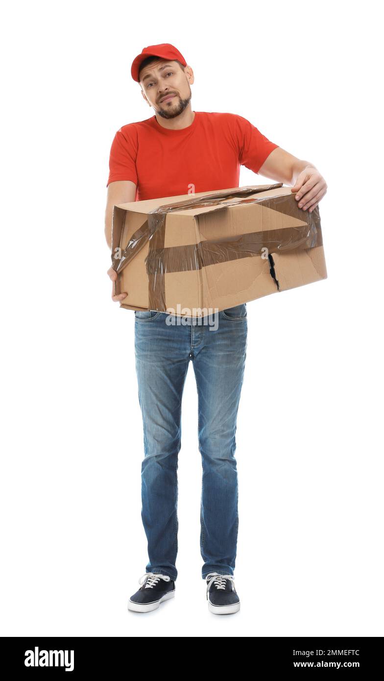 Emotional courier with damaged cardboard box on white background. Poor ...
