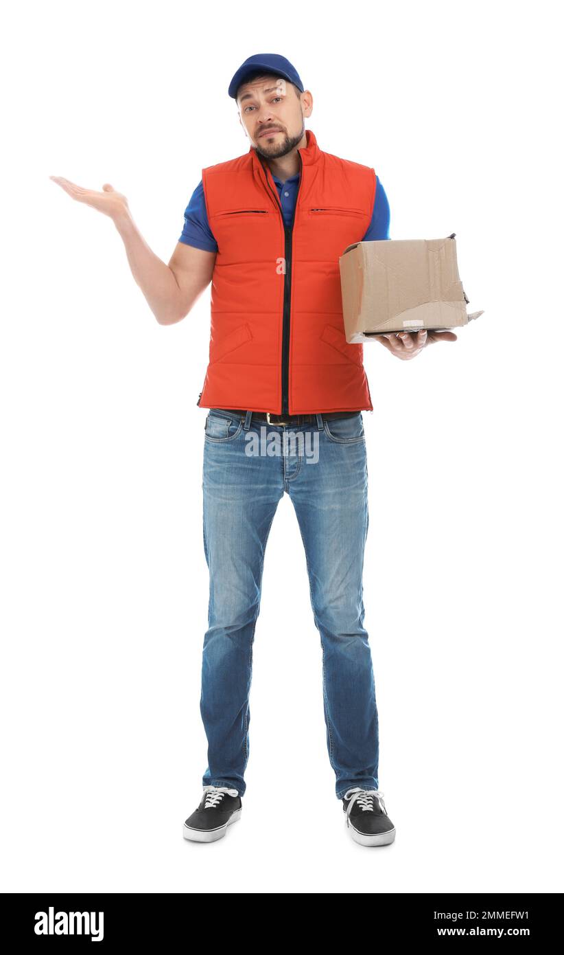 Emotional courier with damaged cardboard box on white background. Poor ...