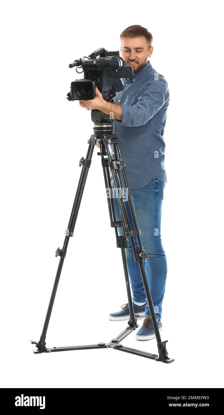 Operator with professional video camera on white background Stock Photo ...