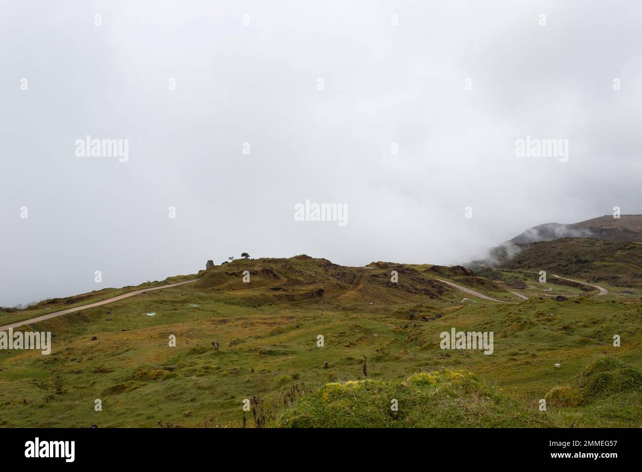 Beautiful colombian paramo landscape with sand road grass mountains and ...