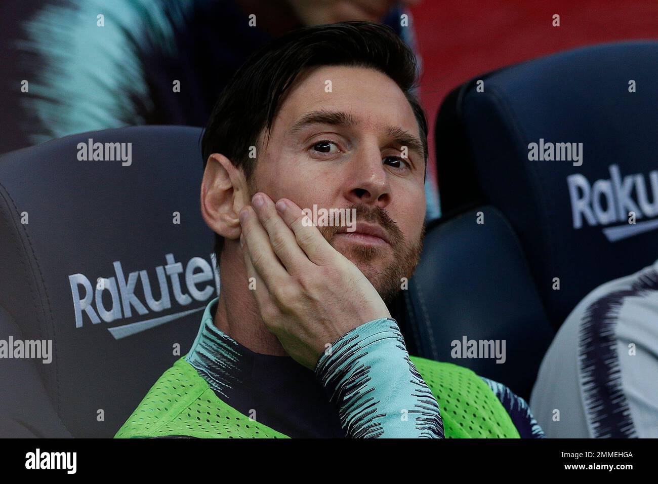 FC Barcelona's Lionel Messi sits on the bench prior of the Spanish La ...