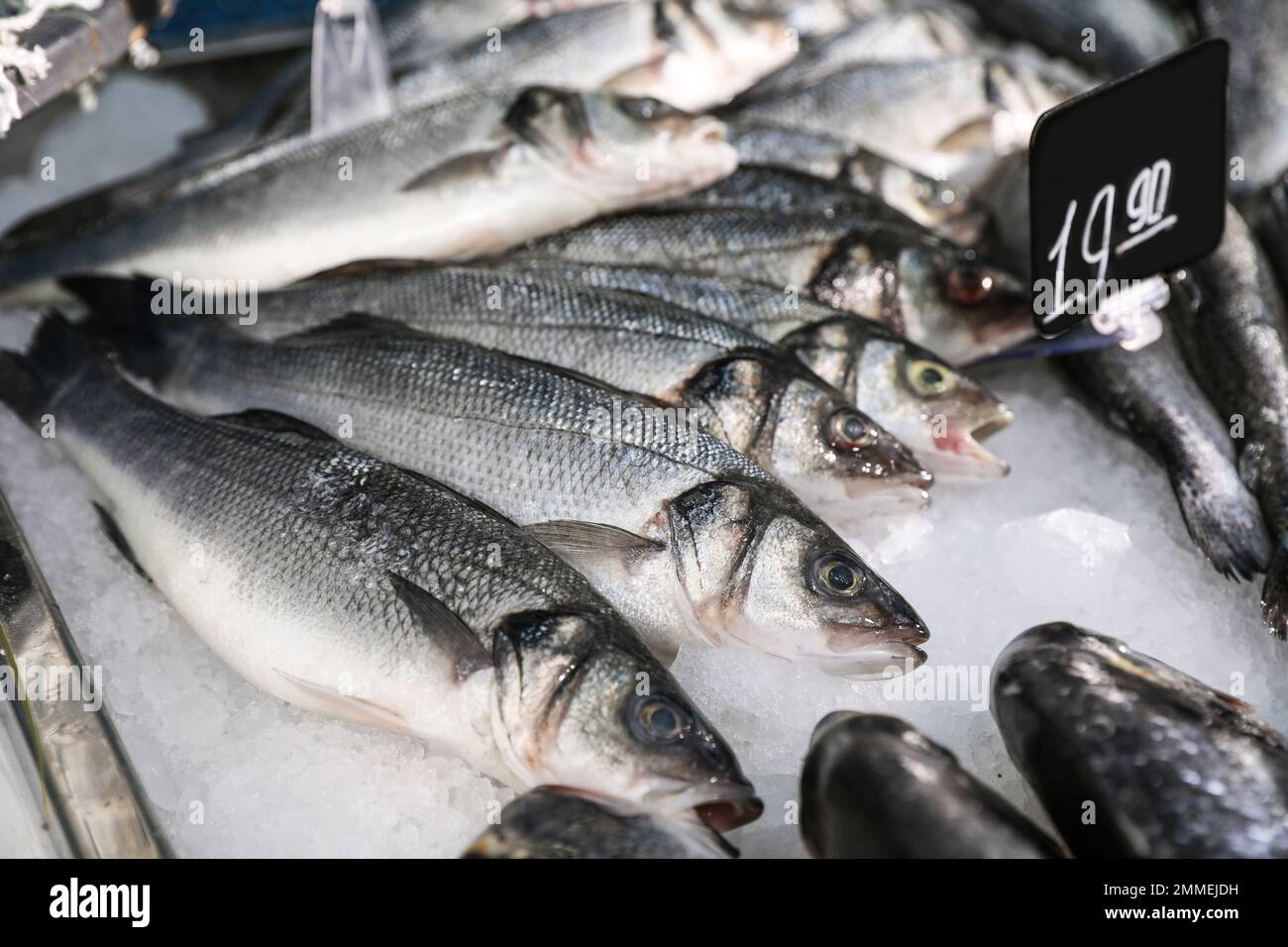 Different types of fresh fish on ice in supermarket, closeup Stock ...
