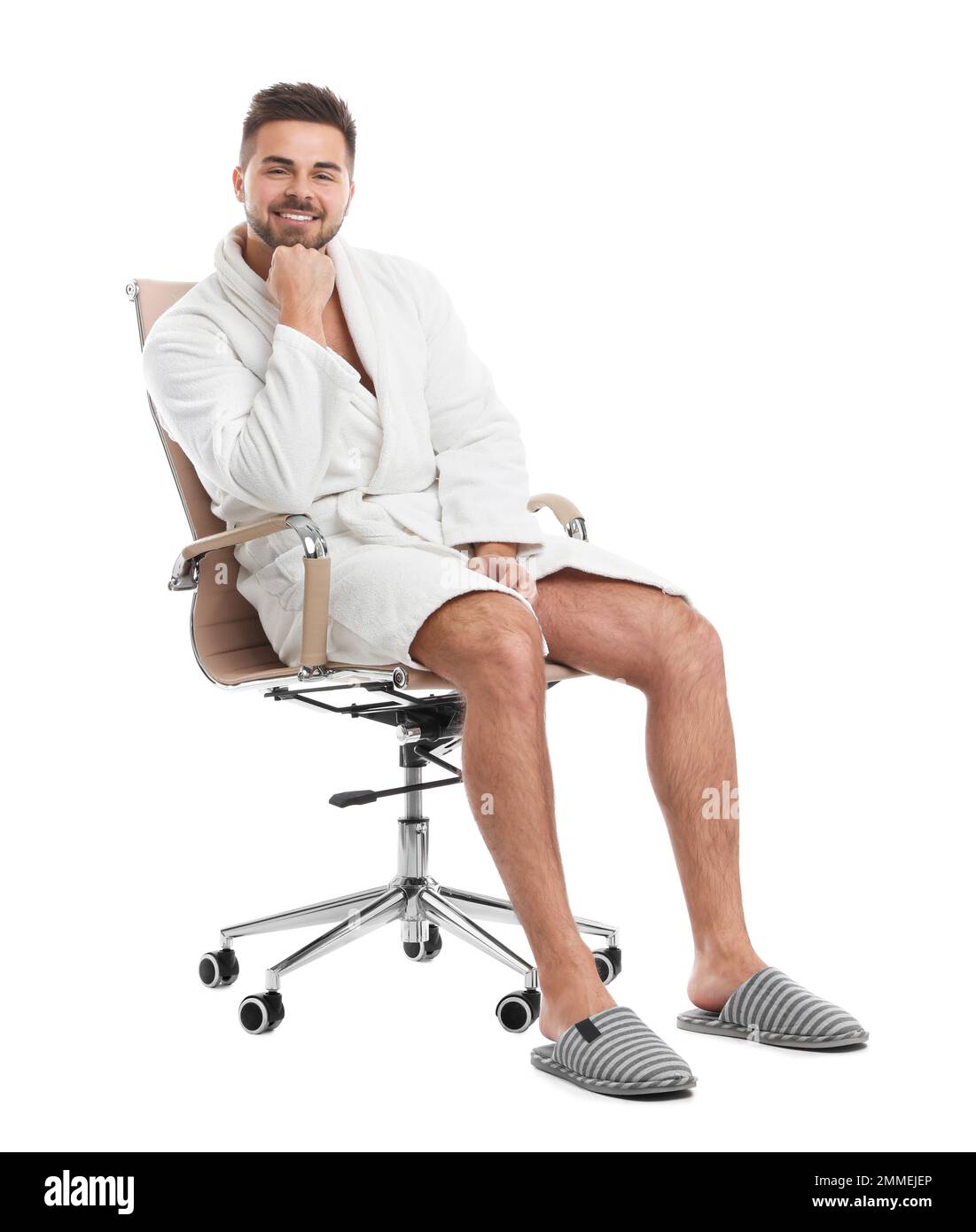 Handsome man wearing bathrobe on white background Stock Photo - Alamy