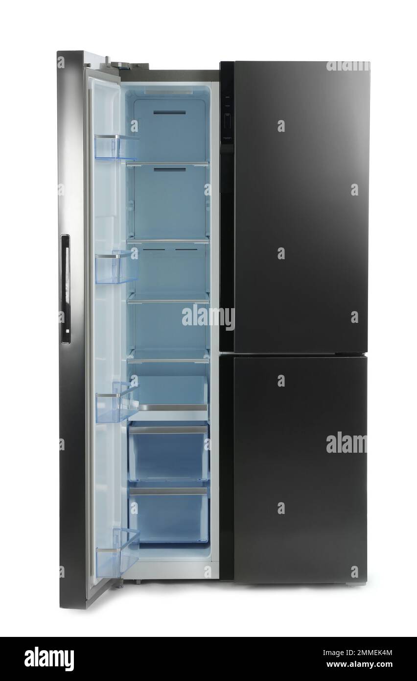 Modern stainless steel refrigerator isolated on white Stock Photo - Alamy