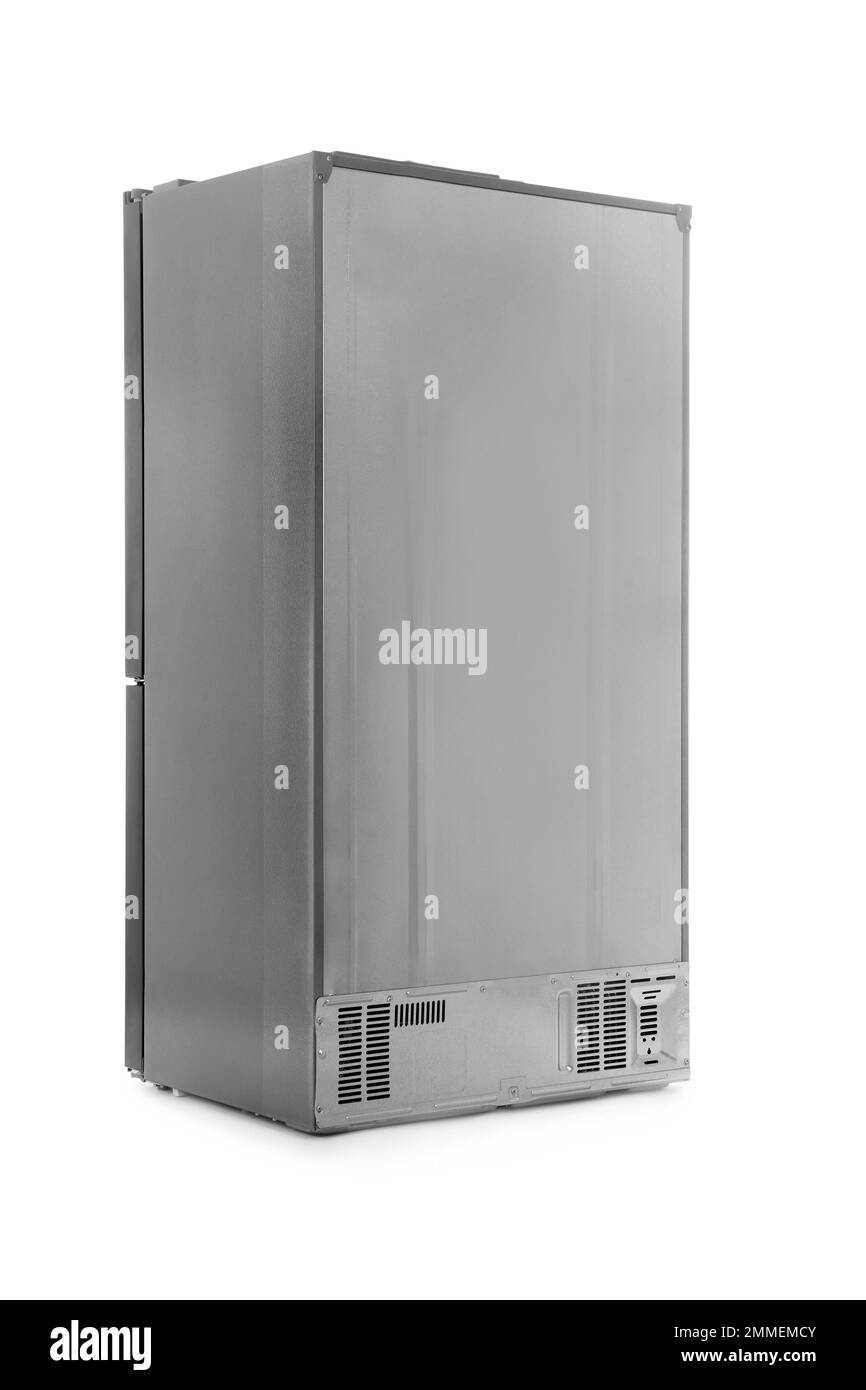 New modern refrigerator isolated on white, back view Stock Photo - Alamy
