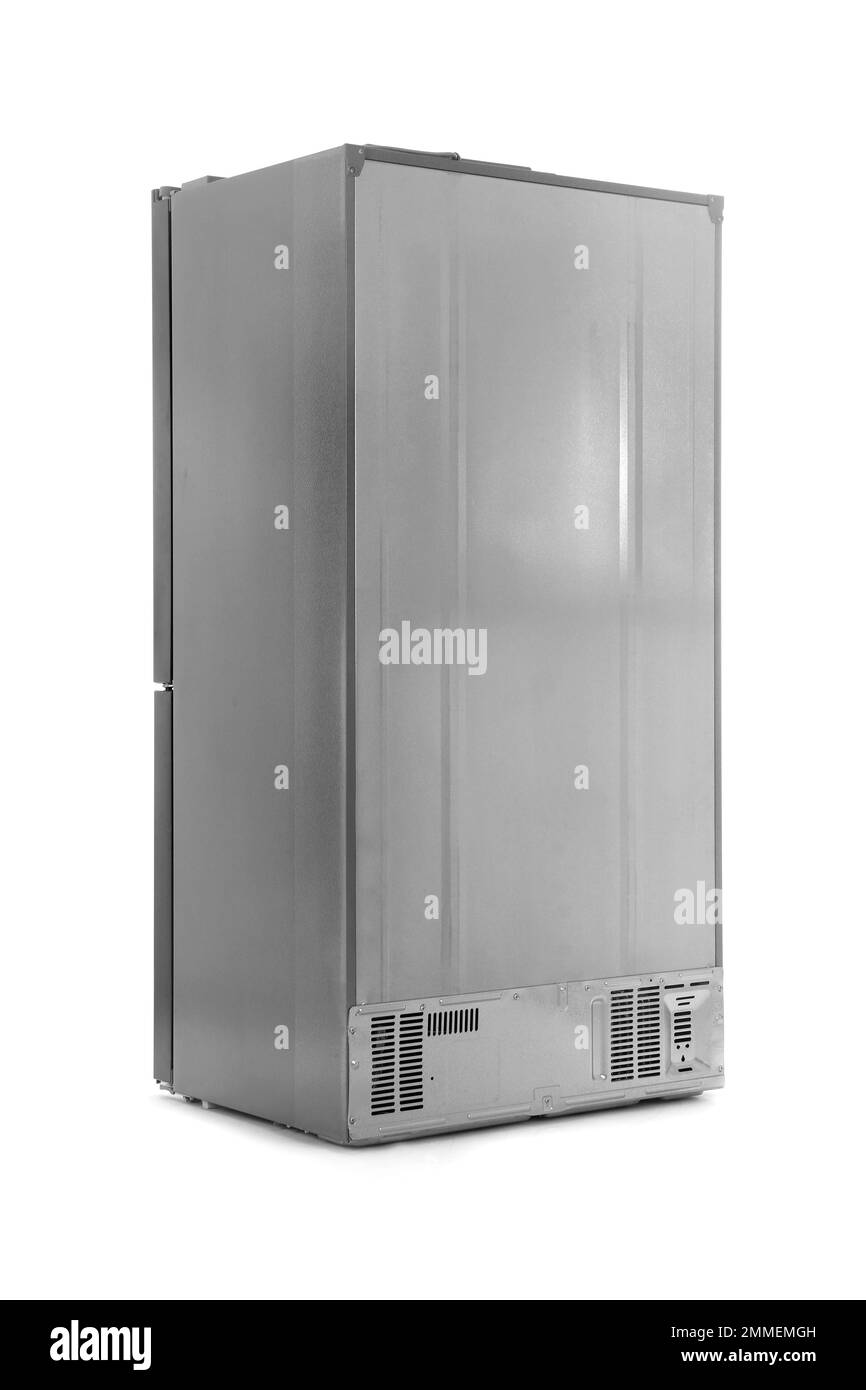 New modern refrigerator isolated on white, back view Stock Photo - Alamy