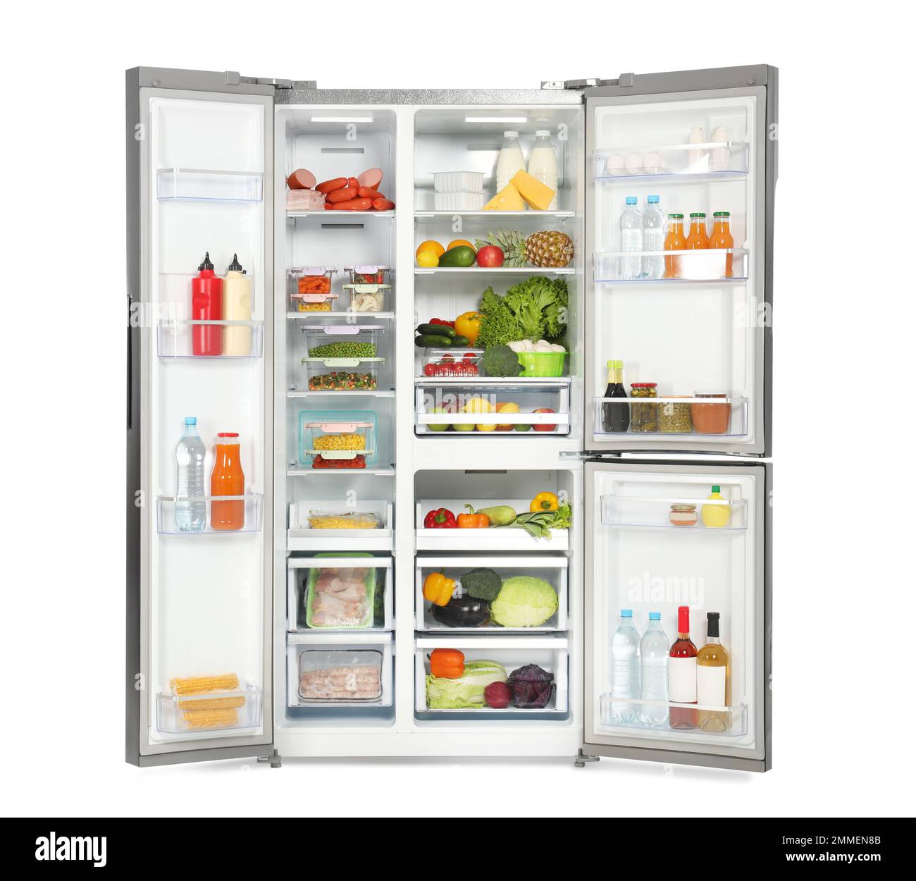 Open refrigerator full of products isolated on white Stock Photo - Alamy