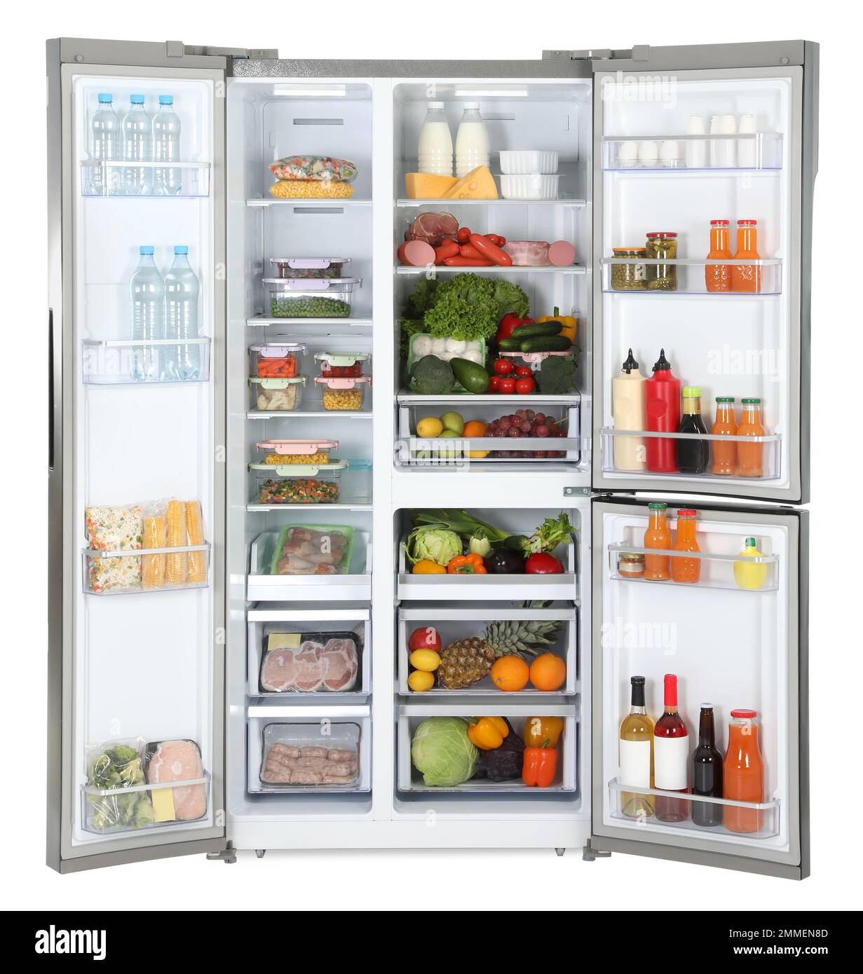 Open refrigerator full of products isolated on white Stock Photo - Alamy