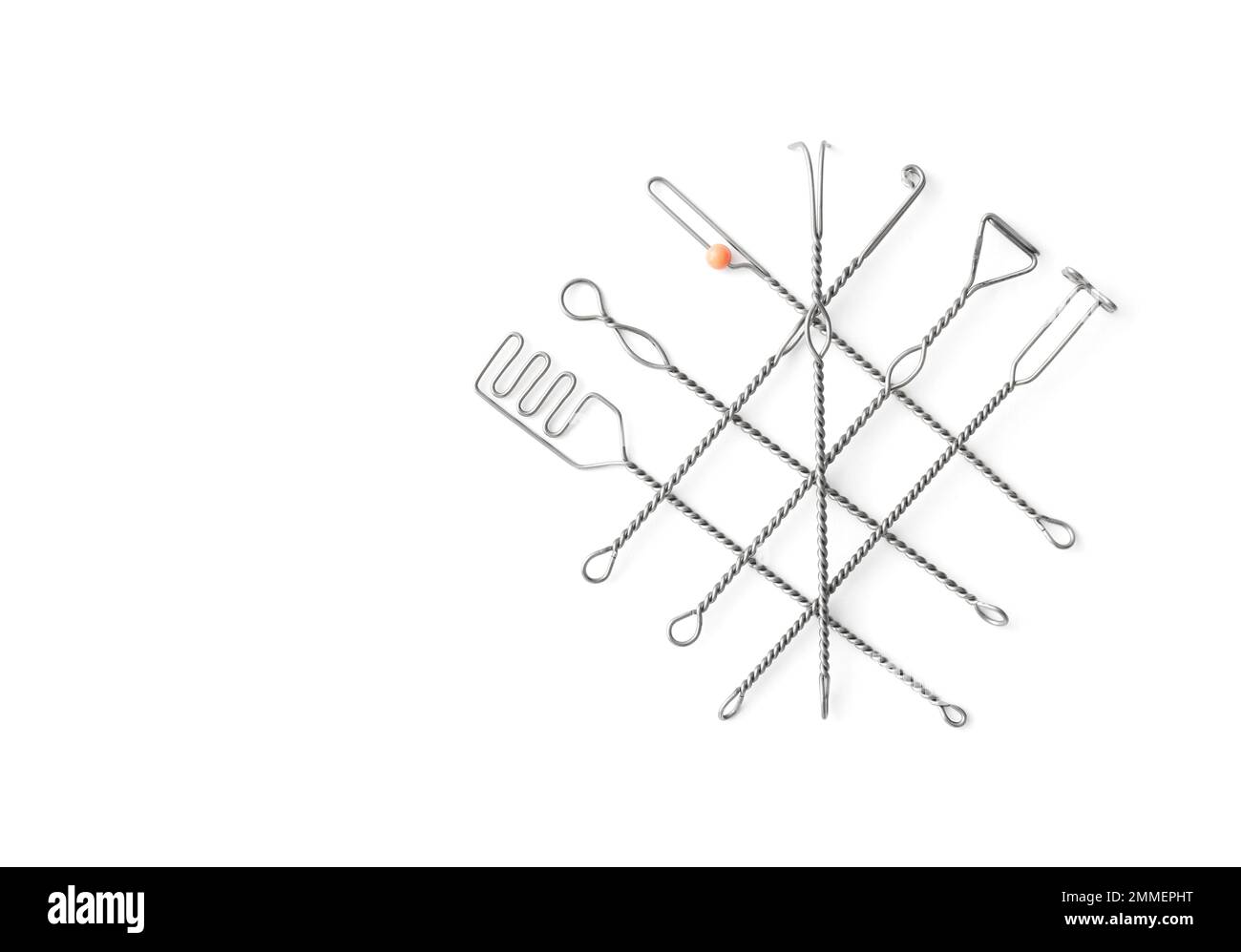 Set of logopedic probes on white background, top view. Speech therapist ...
