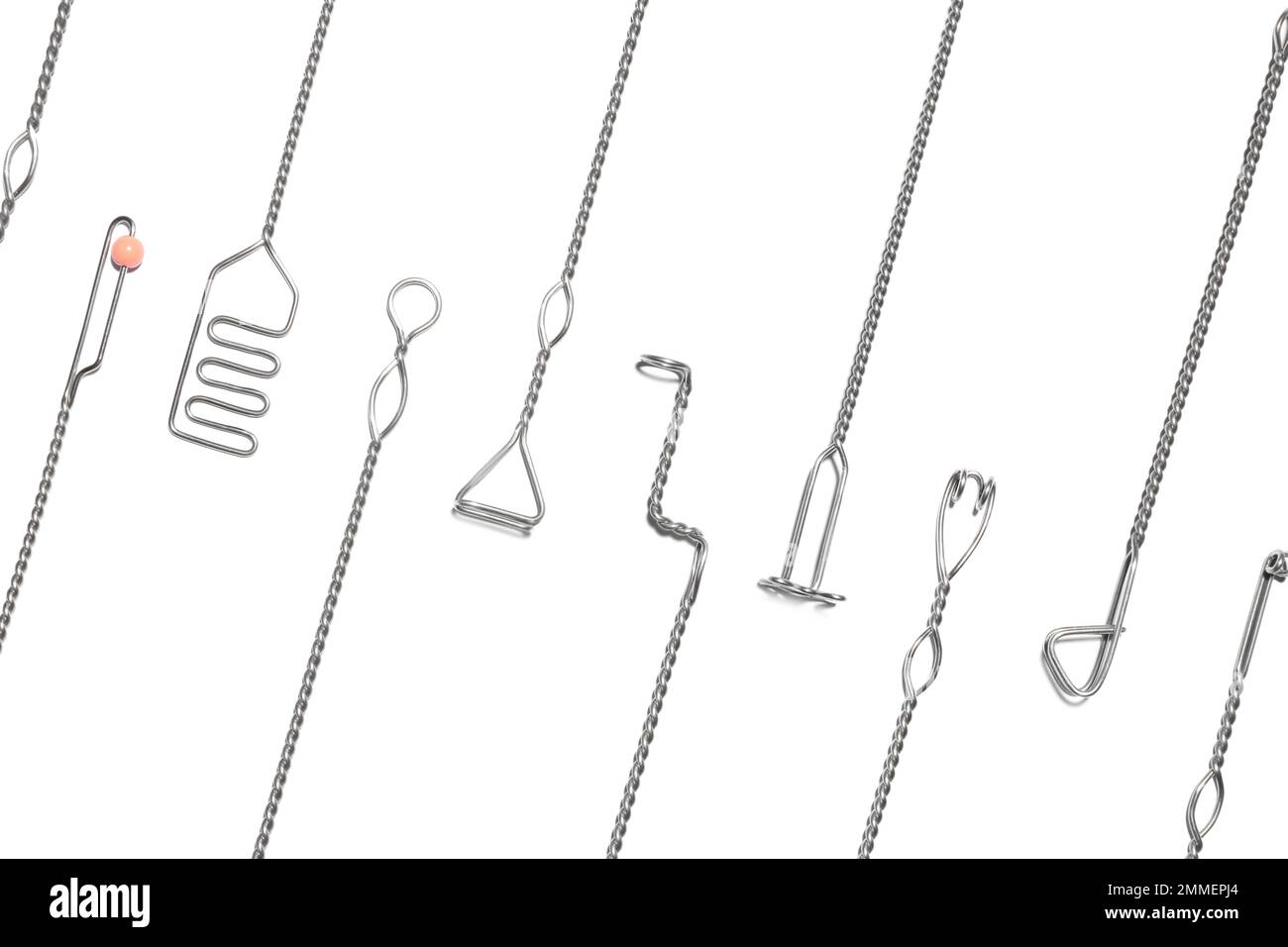 Set of logopedic probes on white background, top view. Speech therapist ...