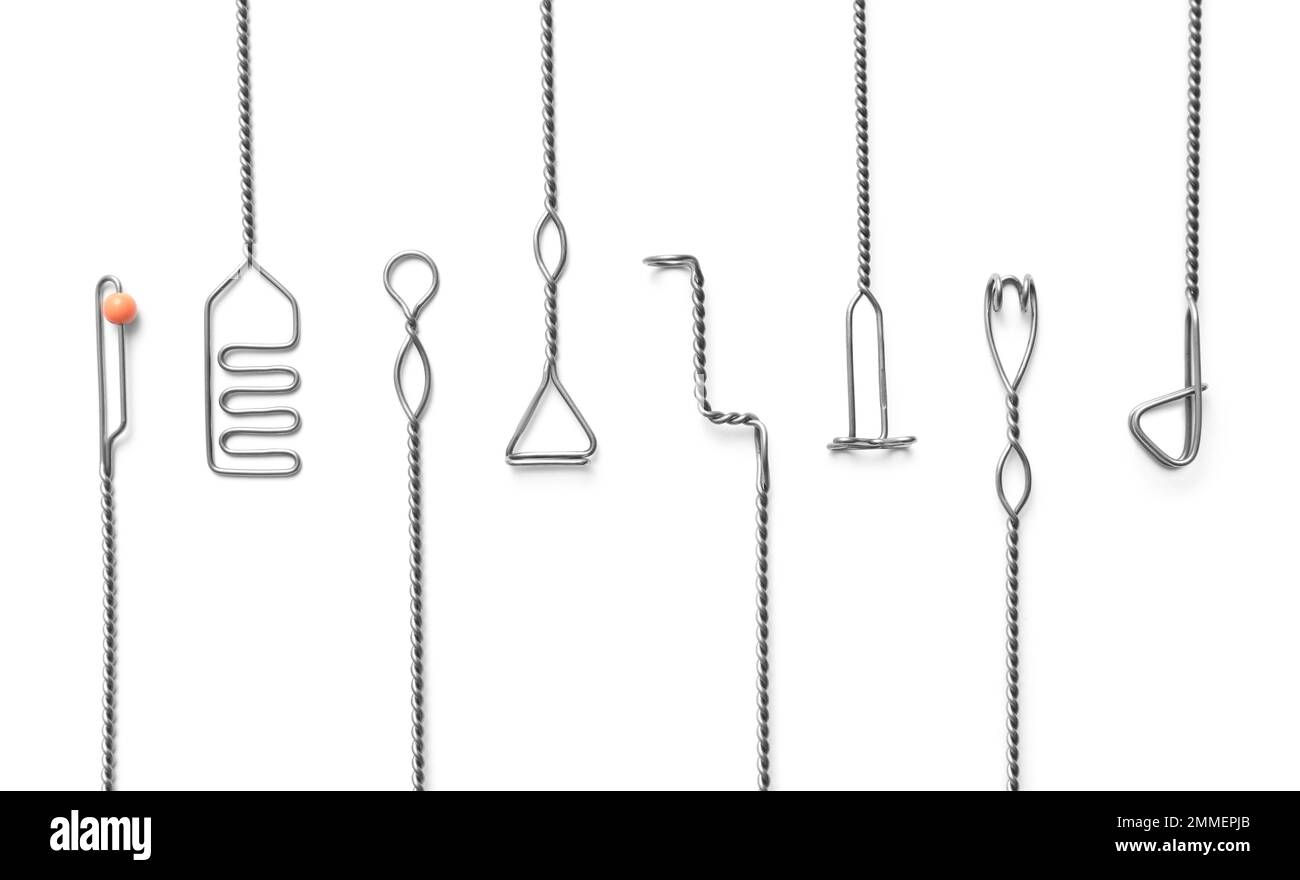 Set of logopedic probes on white background, top view. Speech therapist ...