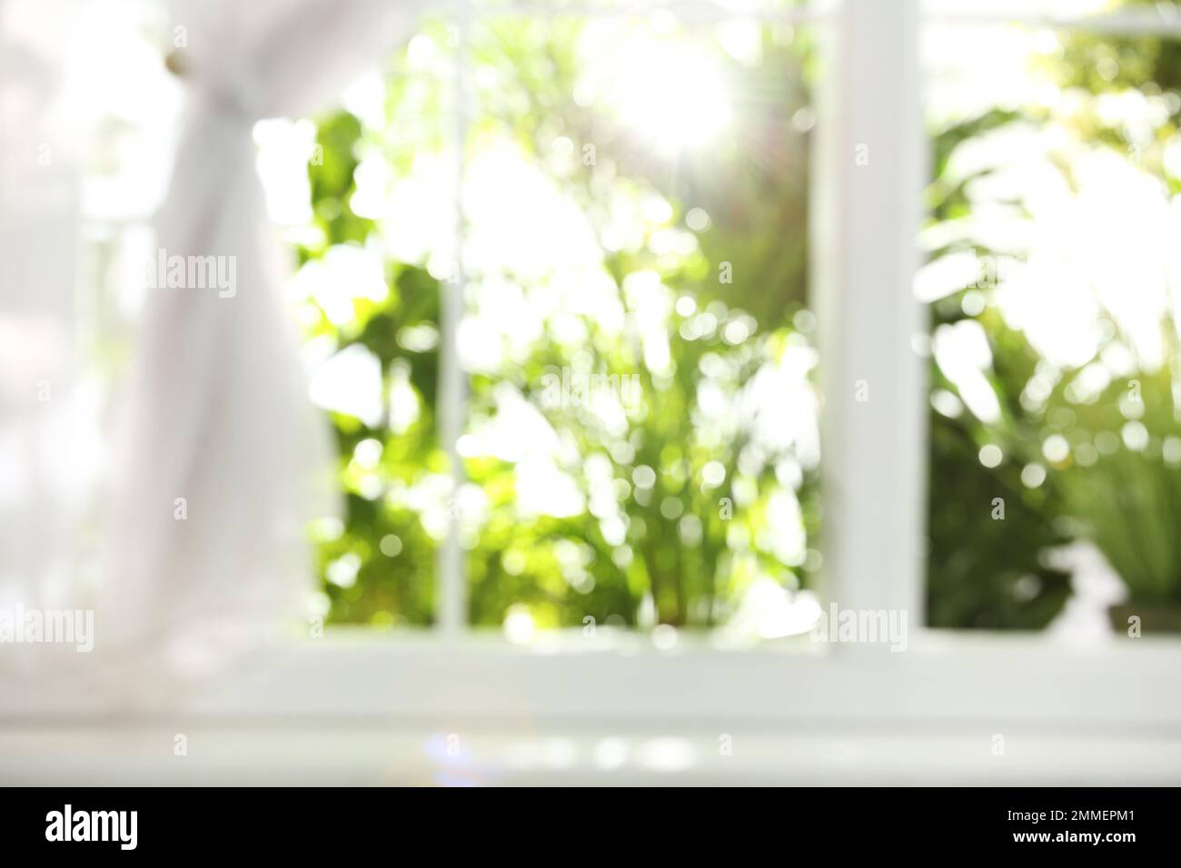 Blurred view through window on garden in morning Stock Photo - Alamy