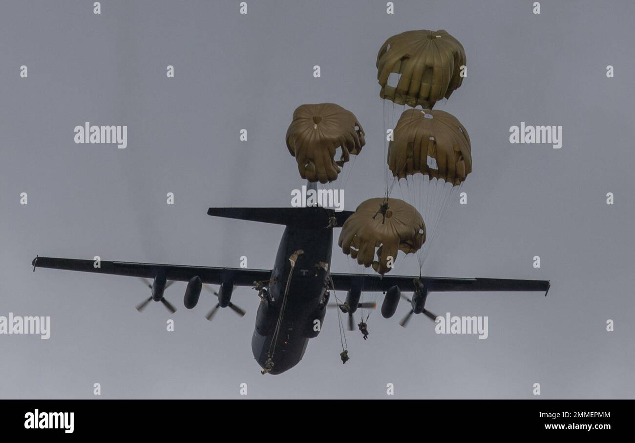 A group of U.S. Army and European Paratroopers descends onto the Drop ...