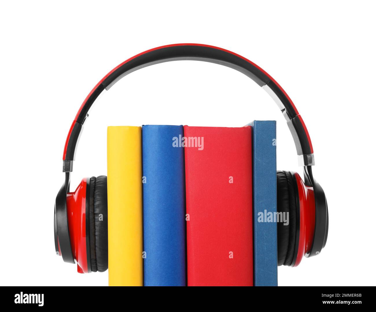 Books with modern headphones isolated on white Stock Photo - Alamy