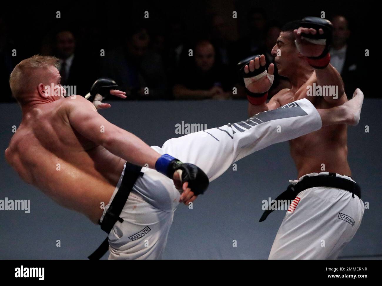Andras Virag, left, of Hungary, lands a kick on Adham Sabry, of the ...