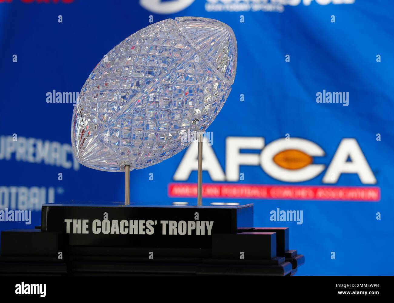 The AFCA National Championship Trophy is displayed outside the stadium ...