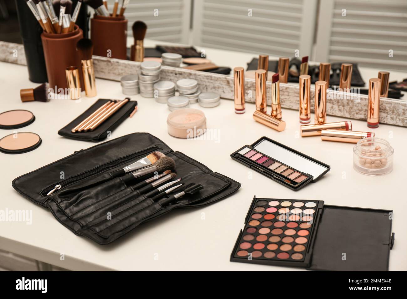 Professional makeup artists workplace with tools and cosmetic Stock ...