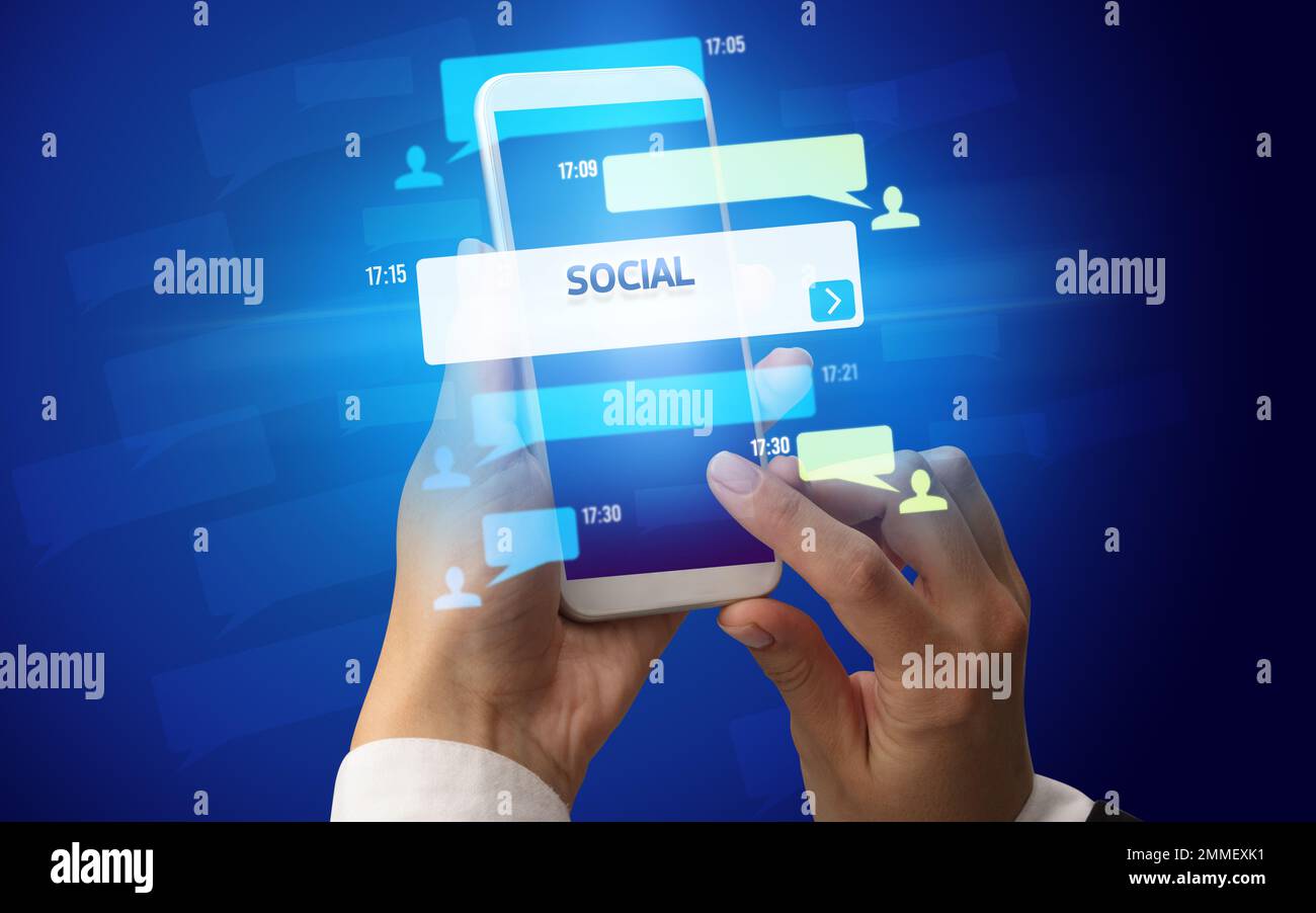 Hand using smartphone with social media concept Stock Photo - Alamy