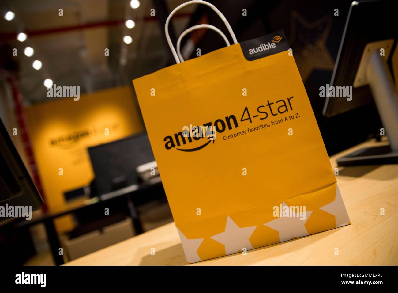 A shopping bag with the Amazon 4-star logo is seen in the new store in the Soho neighborhood of ...
