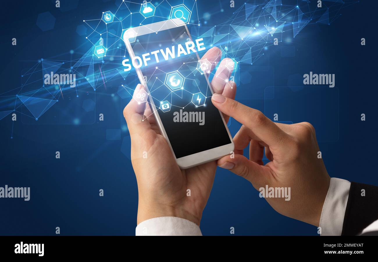 Hand using smartphone with technology concept Stock Photo - Alamy