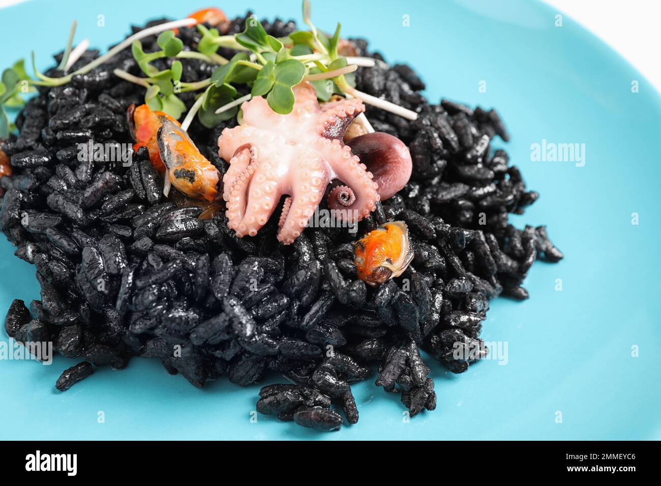 Delicious black risotto with seafood in plate, closeup Stock Photo - Alamy