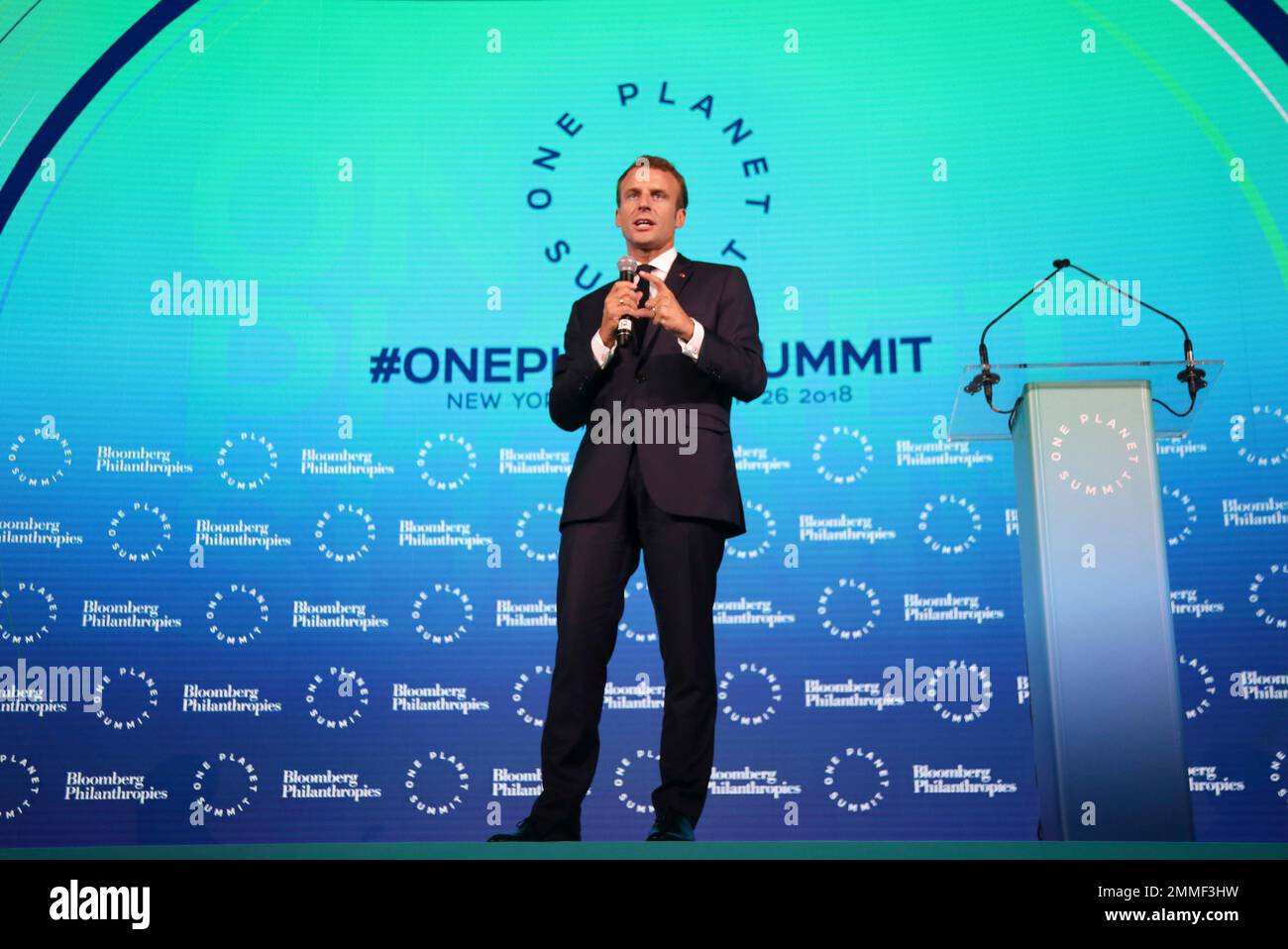 French President Emmanuel Macron speaks during the One Planet Summit in ...