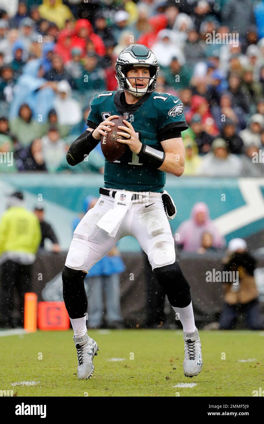 Philadelphia Eagles quarterback Carson Wentz looks to pass during an ...