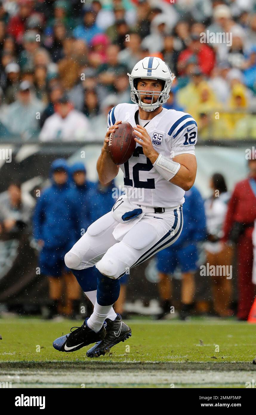 Indianapolis Colts quarterback Andrew Luck drop backs to pass during an ...