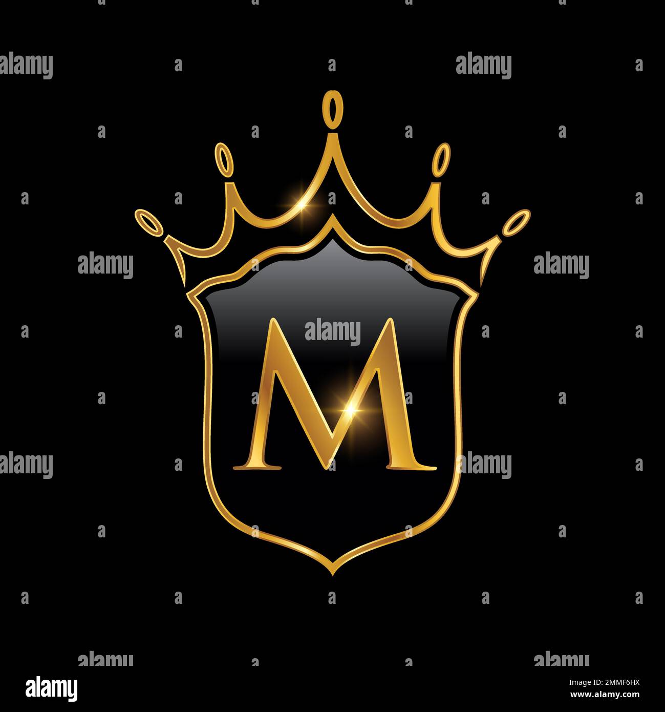 Initial M monogram alphabet with a crown and shield. Royal King queen ...