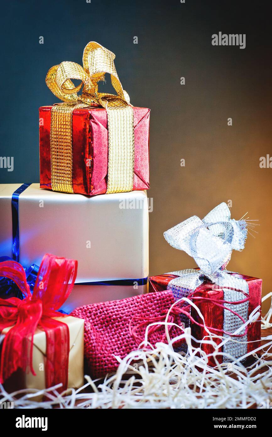 Groups of gift items decorated with different paper Stock Photo - Alamy