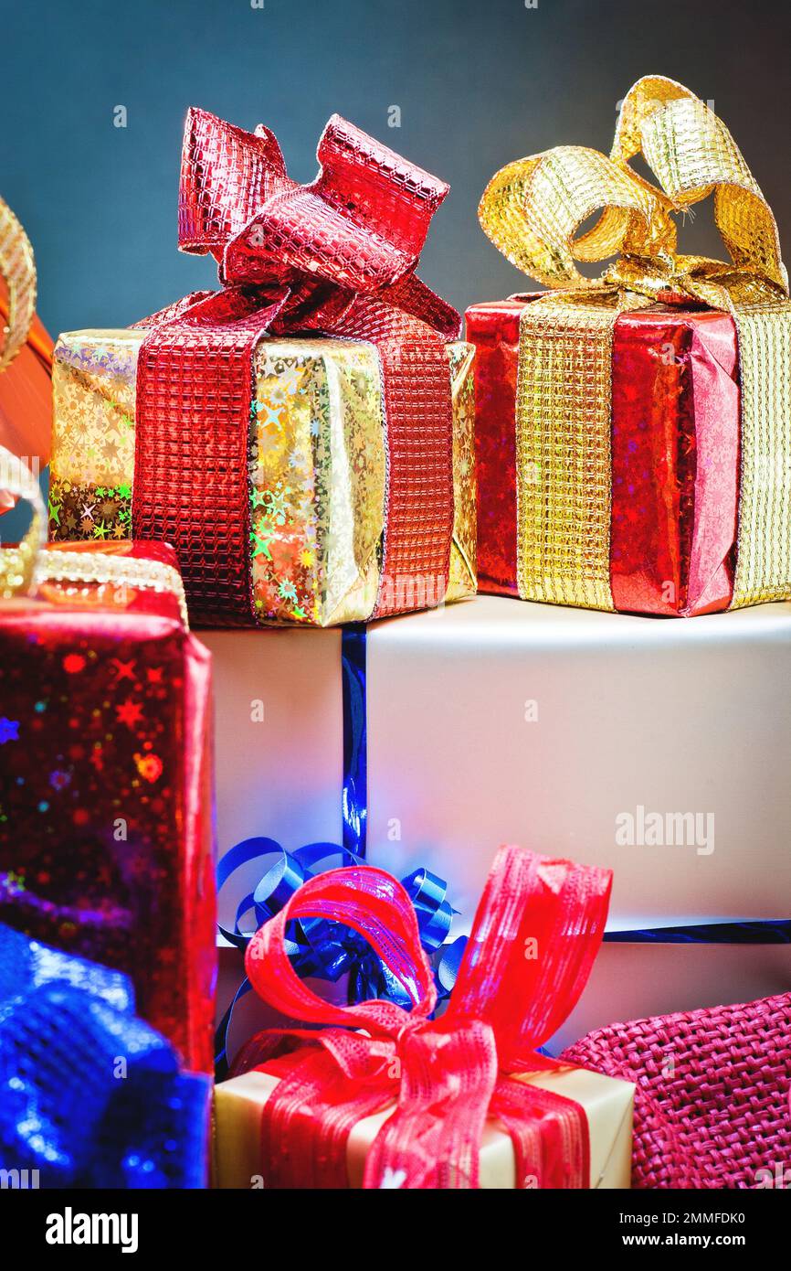 Groups of gift items decorated with different paper Stock Photo - Alamy