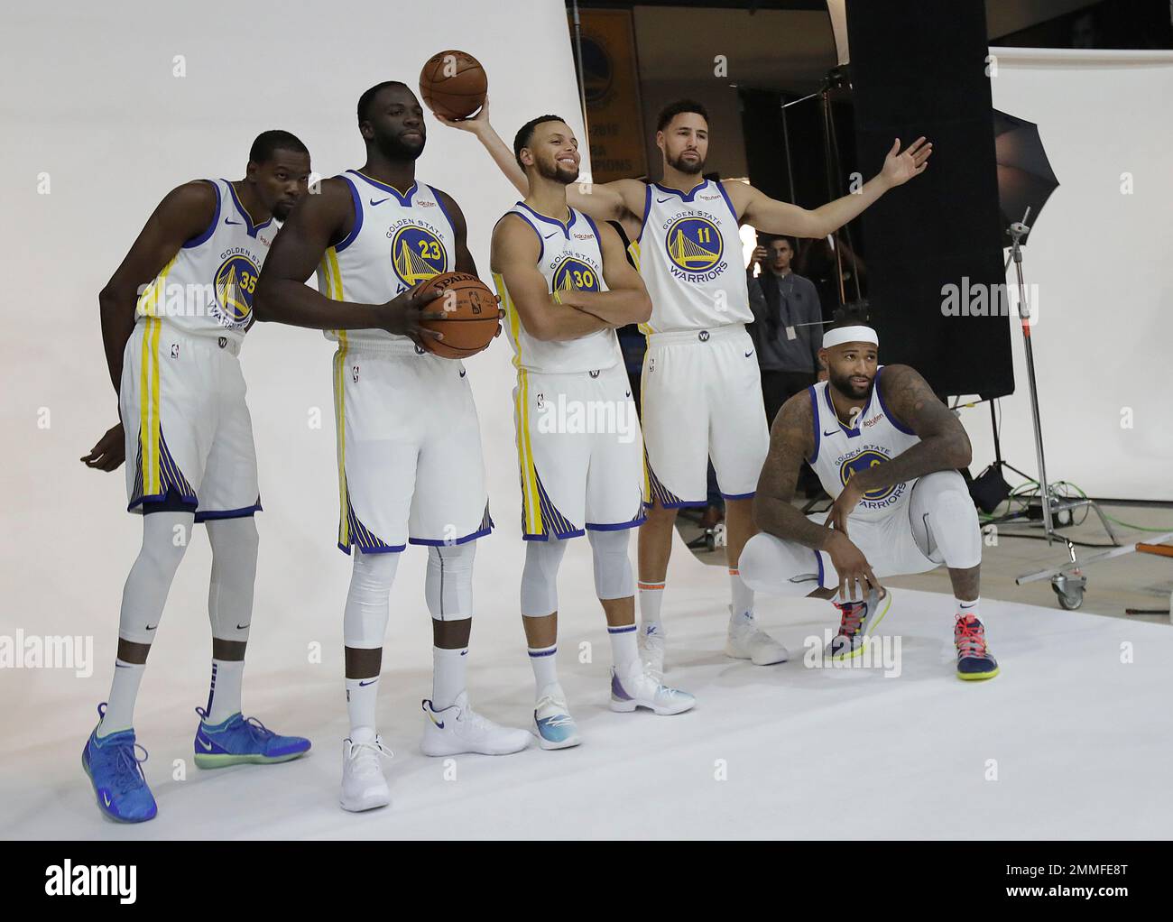 Golden State Warriors' Kevin Durant, from left, Draymond Green, Stephen ...
