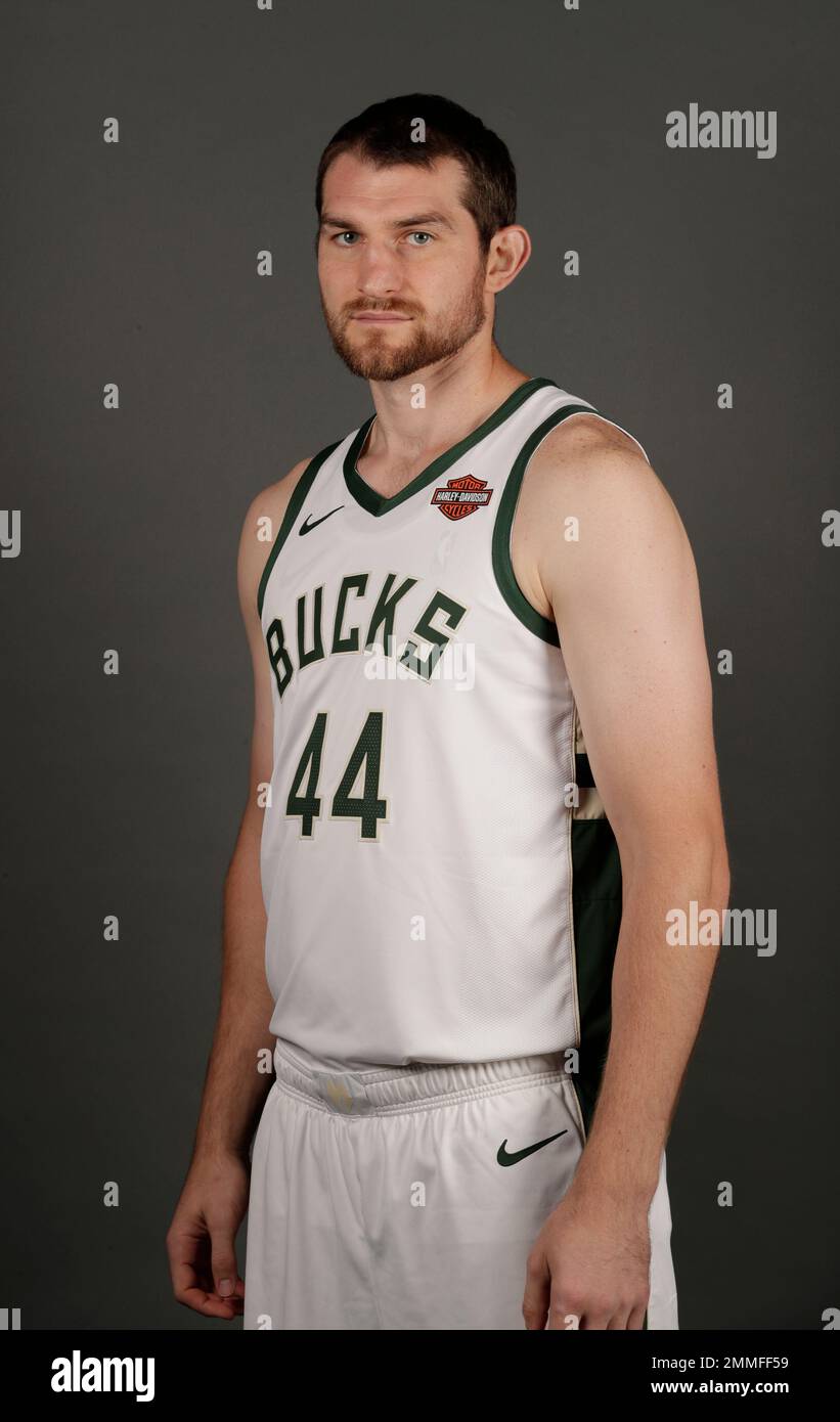 Milwaukee Bucks' Tyler Zeller poses for a photograph during media day ...