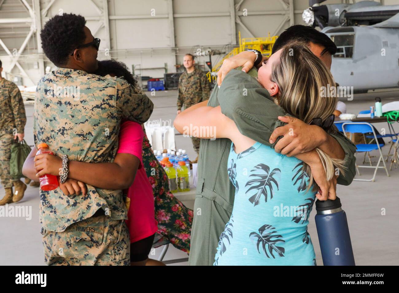 U.S. Marines with Marine Medium Tiltrotor Squadron 268 are greeted by ...
