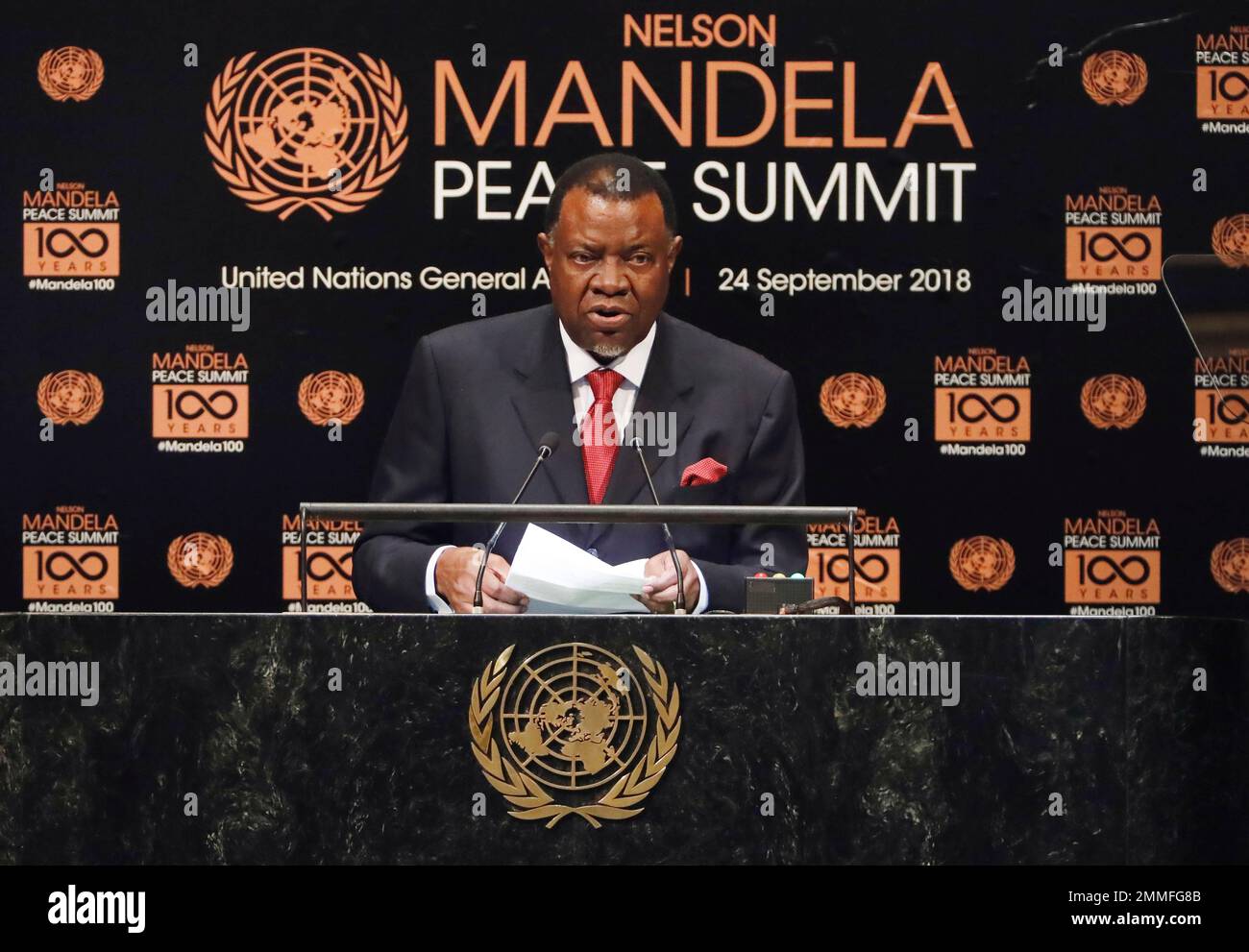 Namibia's President Hage Geingob addresses the Nelson Mandela Peace ...