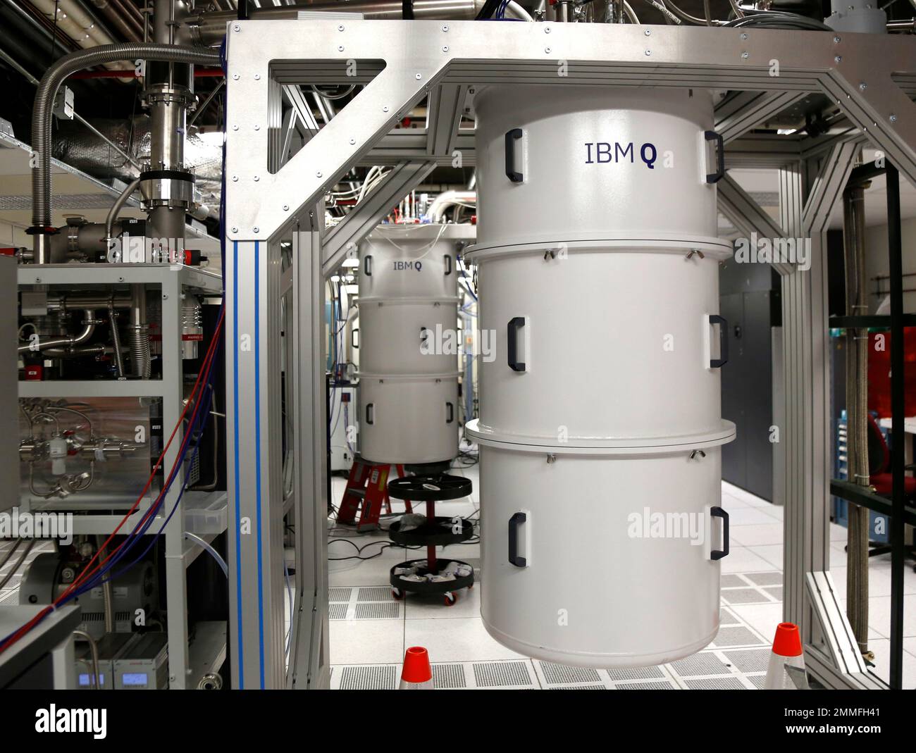 This Feb. 27, 2018, photo shows a quantum computer, encased in a refrigerator that keeps the ...